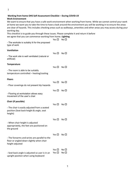 Working From Home OHS Self Assessment Checklist