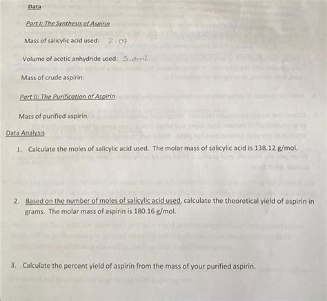 Solved Part Ii The Purification Of Aspirin Mass Of Purified