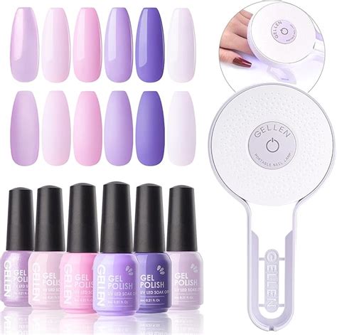 Gellen Gel Nail Polish Kit With U V Nail Light 6 Colors Pink Purple