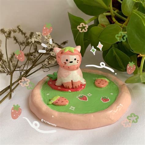 Strawberry Cat Clay Trinket Jewellery Dish Etsy Canada Clay Diy