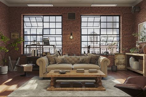 산업용 벽돌 거실 인테리어 디자인 현대적인 가구와 나무 바닥 3d 렌더링을 갖춘 로프트 아파트 0명에 대한 스톡 사진 및 기타 이미지 Istock