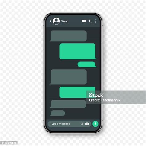 메시징 응용 프로그램과 현실적인 스마트 폰 빈 Sms 텍스트 프레임입니다 녹색 메시지 거품이있는 대화 채팅 화면 소셜 미디어