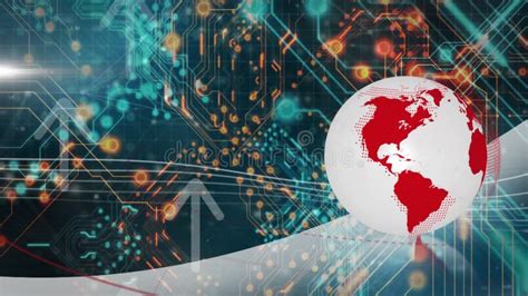 Digital Circuit Board With Glowing Connections And Red Continents Globe Animation Stock Footage