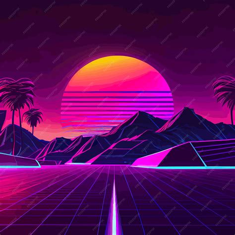 Premium Photo Synthwave Retro Design Mountains And Sun Illustration