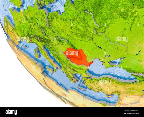 Map Of Romania In Red On Globe With Real Planet Surface Embossed