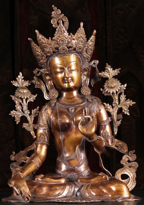 White Tara Statue Seated In Full Lotus Pose Holding 2 Lotus Flowers