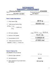 Limiting Reagent Lab Pdf Lab Assignment Experiment 7 Limiting Reagent Emma Brown 4394989 Name