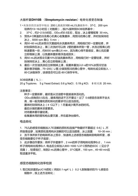 DH10B菌株感受态制备 电击转化及转化效率检测