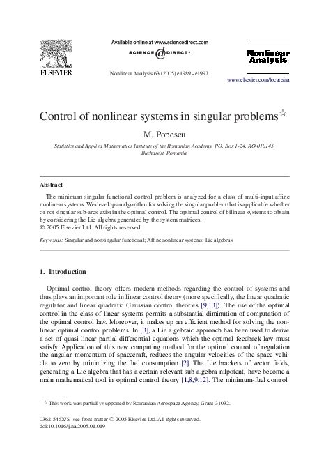 Pdf Control Of Nonlinear Systems In Singular Problems