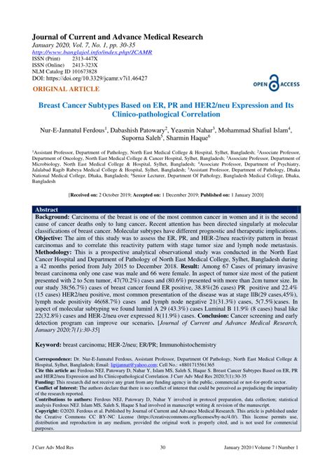 Pdf Breast Cancer Subtypes Based On Er Pr And Her2neu Expression