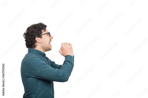 Foto Stock Depressed Man Keeps Palms Folded Together As Begging For Something Isolated On White
