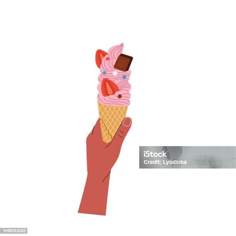 Tangan Memegang Es Krim Dalam Kerucut Gaya Wafer Ilustrasi Gaya Datar