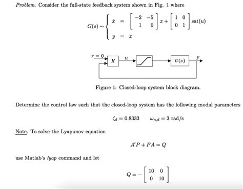Problem Consider The Full State Feedback System Shown In Fig 1 Where Gs ∼ẋ X Satu Y