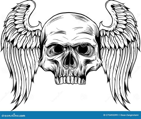 Monochrome Skull With Wings Vector Illustration Tattoo Sketch Emblem