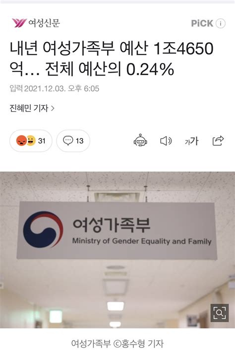 여성가족부 예산 1조4650억원 확정 Dogdripnet 개드립