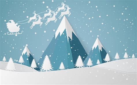 산타 썰매와 순 록 비행입니다 풀 문 새 해 복 많이와 메리 크리스마스 겨울 눈 풍경 종이 예술과 공예 스타일 0명에 대한 스톡