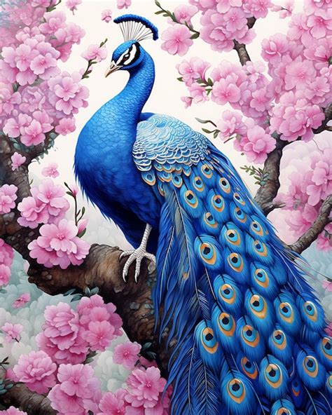 Blue Peacock Sitting Blossom Tree Style Premium Ai Generated Image