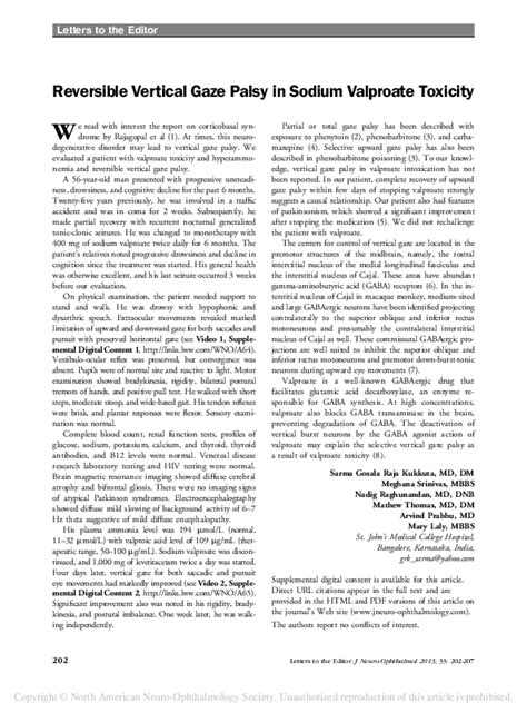 Pdf Reversible Vertical Gaze Palsy In Sodium Valproate Toxicity