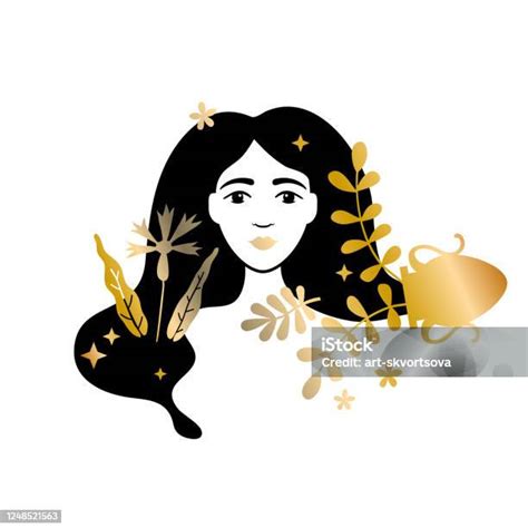 조디악의 물병자리 별자리 개념 벡터 아트 일러스트레이션에 물 운반선 아름다운 소녀 실루엣 아름다운 여성으로 점성술 기호 미래의 말하기 별자리 연금술 영성 고풍스런에 대한