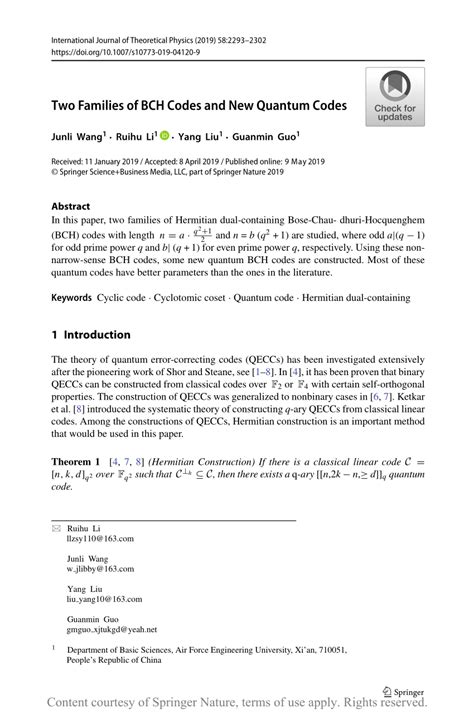 Two Families Of Bch Codes And New Quantum Codes Request Pdf