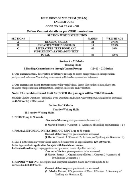 Revised Grade Xii Mid Term Blueprints 2023 24 17623 Pdf Reading