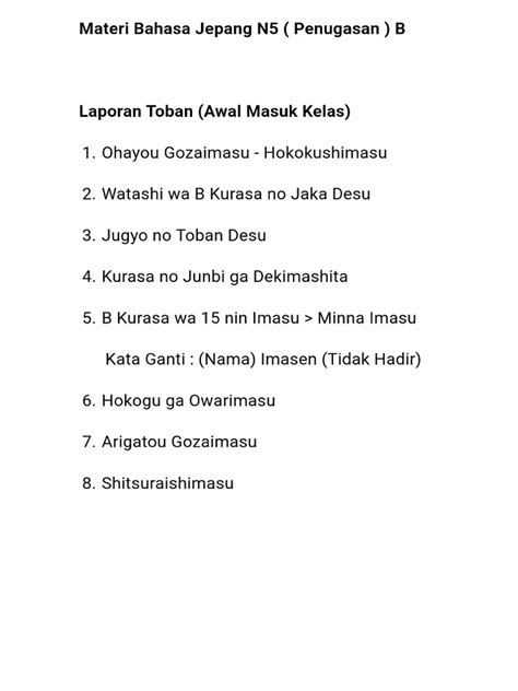 Materi Laporan Toban Awal Sebelum Masuk Bahasa Jepang N5 Penugasan B