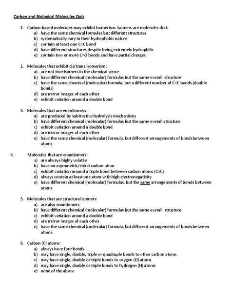 Carbon And Biological Molecules Quiz Carbon And Biological Molecules