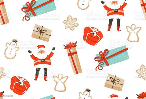 손으로 그린 벡터 추상 재미 구운된 Gingerbreads 쿠키 산타 클로스와 선물 상자 흰색 배경에 고립 된 메리 크리스마스