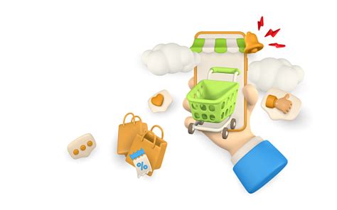 3d 온라인 샵 손에 든 휴대폰 쇼핑백 클라우드 현대 온라인 쇼핑 스마트폰용 애플리케이션 벡터 일러스트 레이 션 3차원 형태에 대한 스톡 벡터 아트 및 기타 이미지 Istock