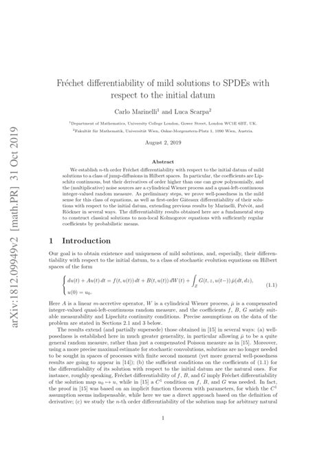 Pdf Frechet Differentiability Of Mild Solutions To Spdes With