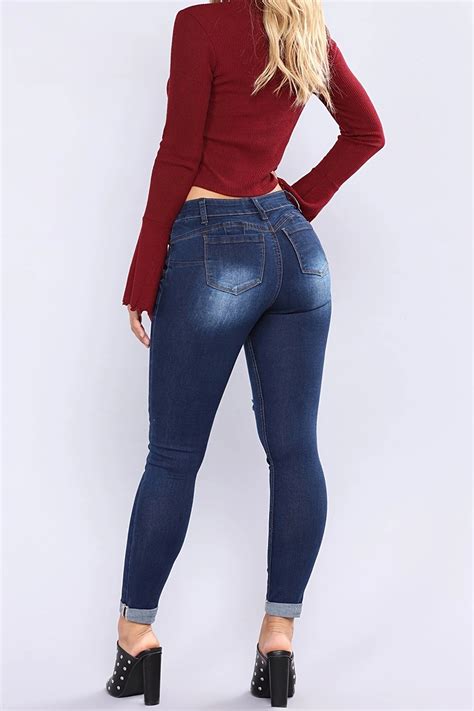 Wholesale Deep Blue Casual Solid Ripped Mid Waist Skinny Denim Jeans