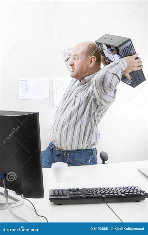 Businessman Throwing Computer Chassis By Desk Stock Image Image Of