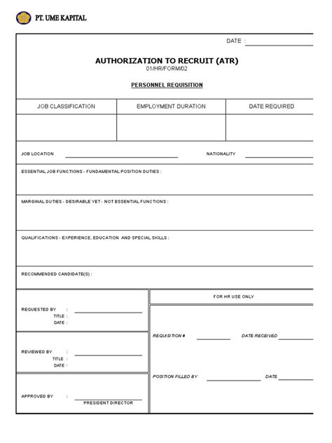Authorization To Recruit Atr Date Pdf Human Resources Business