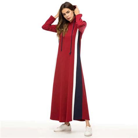 Fashion Color Block Striped Muslim Abaya Winter Hooded Dress Women Plus Size Vestido