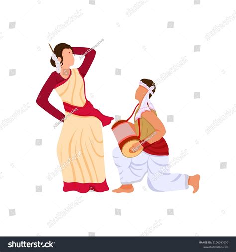 Assamese Man Playing Dhol Woman Dancing Stock Vector Royalty Free