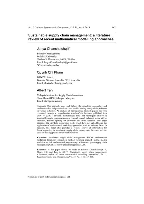 Pdf Sustainable Supply Chain Management A Literature Review Of Recent Mathematical Modelling