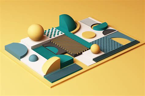 노란색과 녹색 톤의 기하학적 모양의 구성으로 디자인합니다 3d 렌더링 일러스트레이션 0명에 대한 스톡 사진 및 기타 이미지 0명 3차원 형태 개념 Istock