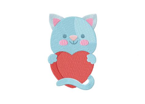 Cat Hugging Heart Stitched Embroidery Design Daily Embroidery