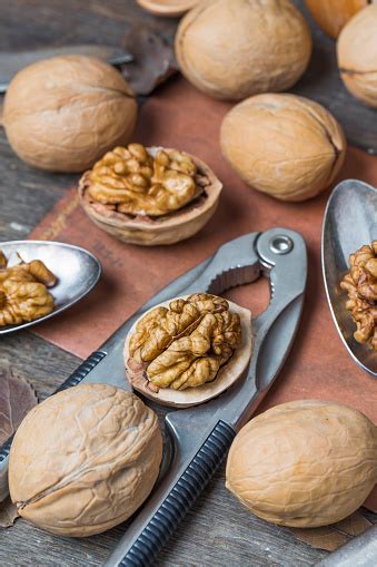 호두 월넛 낟알 말린 과일과 견과류 음식 갈색 목재 배경 숟가락 0명에 대한 스톡 사진 및 기타 이미지 0명 갈색 건과일 Istock