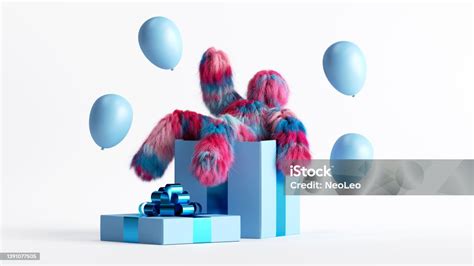 3d 렌더링 화려한 털이 많은 예티는 큰 선물 상자 공기 풍선 큰 발 만화 캐릭터 축하 안에 앉아 있습니다 흰색 배경에 고립 된 축제 파티 클립 아트 0명에 대한 스톡 사진