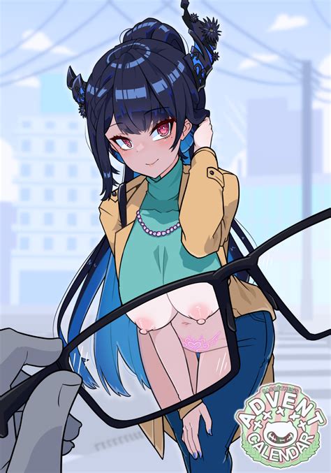 Rule 34 Adjusting Hair Asymmetrical Horns Black Hair Blue Hair Blush