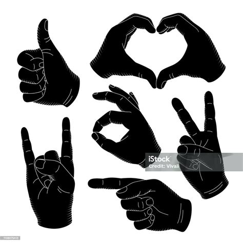인간의 빈티지 손 제스처 및 징후 제스처는 괜 찮 바위와 롤 포인터 같은 기호를 보여주는 손 의미 브이에 대한 스톡 벡터 아트 및 기타 이미지 Istock