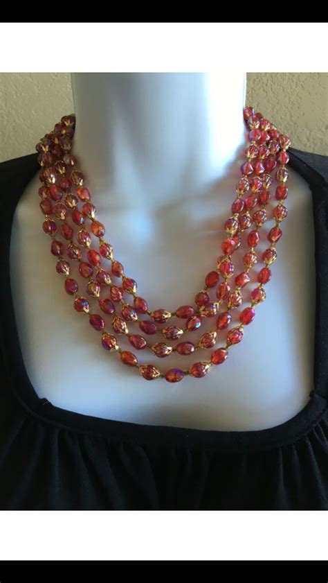 Vintage Red Plastic Beaded Multi Strand Necklace Necklace Multi