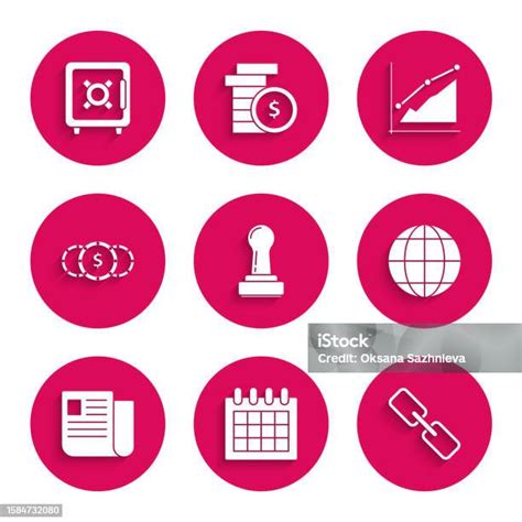 스탬프 달력 체인 링크 지구 지구본 파일 문서 달러 기호가 있는 코인 머니 파이 차트 인포그래픽 및 안전 아이콘을 설정합니다 벡터 고무에 대한 스톡 벡터 아트 및 기타