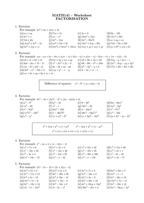 Factorisation Extra Help And Examples Math141 Worksheet