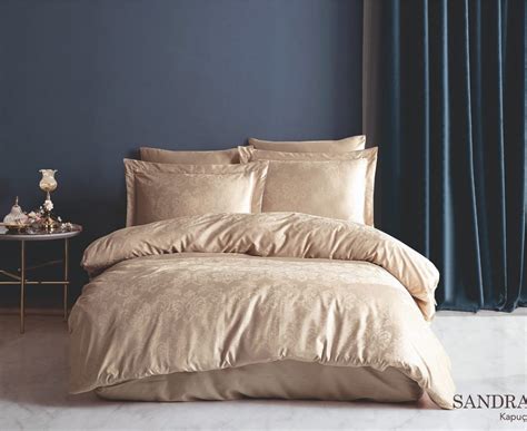 Луксозно спално бельо от 6 части жакардов памучен сатен КАПУЧИНО