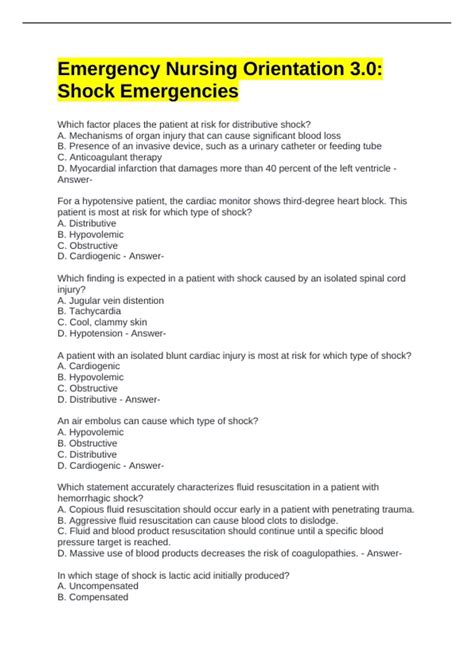 Emergency Nursing Orientation 3 0 Shock Emergencies Exam Questions And