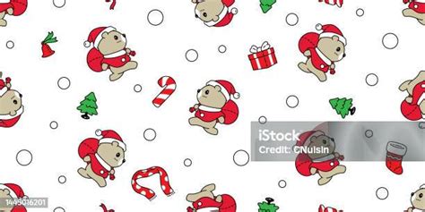 곰 원활한 패턴 극지 크리스마스 산타 클로스 모자 실행 벡터 테디 만화 선물 포장 종이 타일 배경 반복 벽지 낙서 스카프 고립 된 그림 디자인 달리기에 대한 스톡 벡터 아트