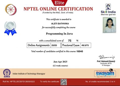 Earned Java Certificate With 75 Score From Nptel Aleti Sathvika