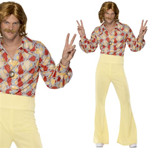 Mens Hippy Fancy Dress Costume 1960s 60s Hippie Man Outfit Swinging